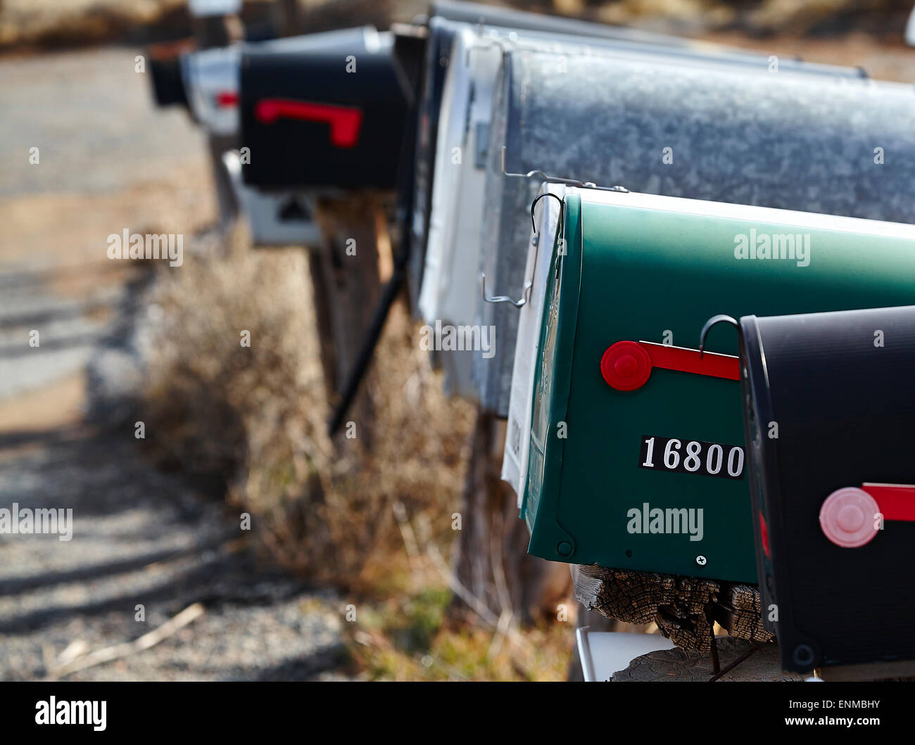 Green mailbox in a row with black, silver and white mailboxes Stock ...