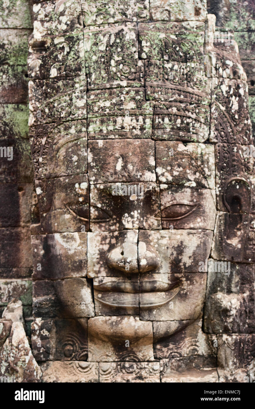 Giant stone face at the Bayon temple at Angkor Wat in Siem Reap ...