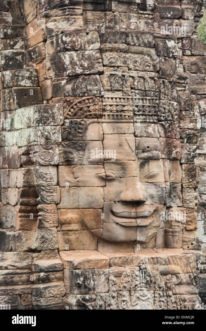 Giant stone face at the Bayon temple at Angkor Wat in Siem Reap ...