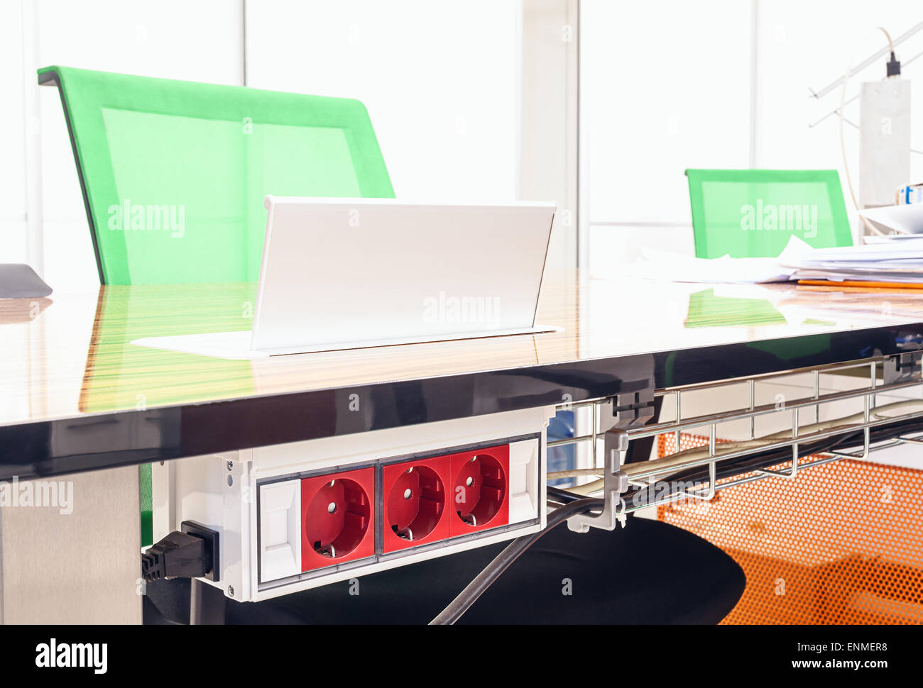 Details of a power supply built in table, clever solution for hiding ...