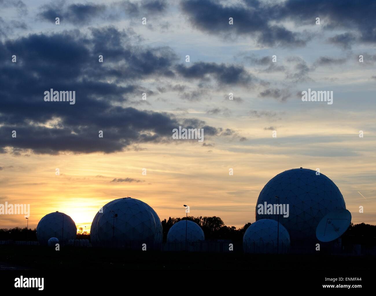 Bad Aibling, Germany. 7th May, 2015. The sun sets behind the radar ...