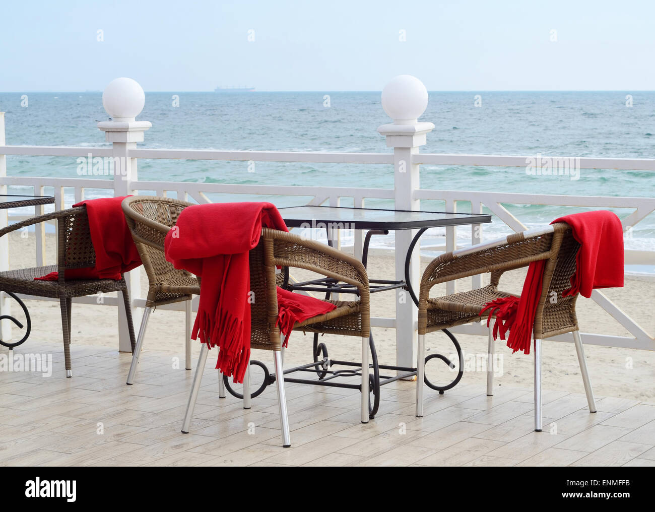 Empty tables at hotel restaraunt with red plaids on Black Sea coast ...