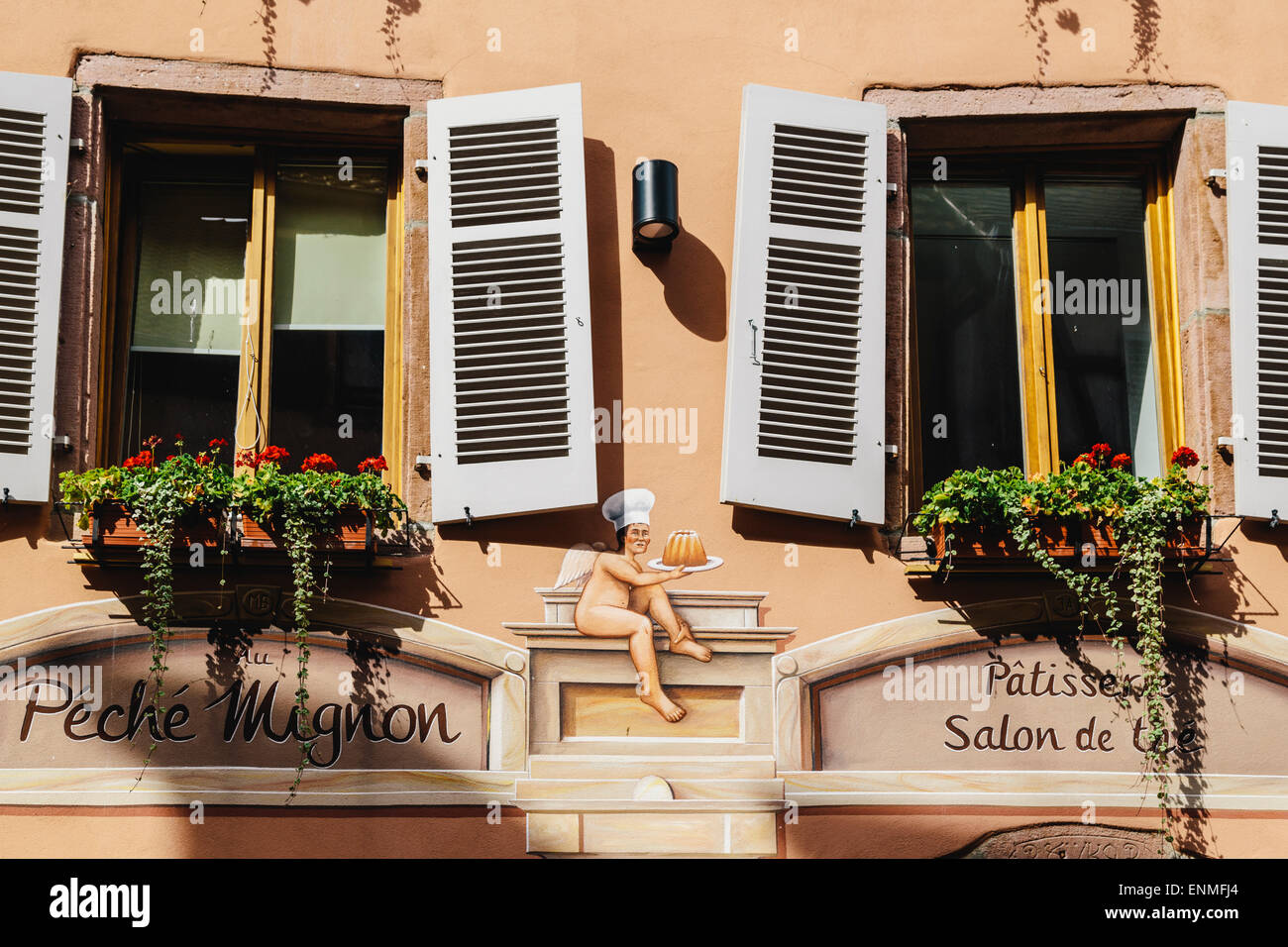 Shop sign, detail of building, Kaysersberg, Alsace, France Stock Photo ...