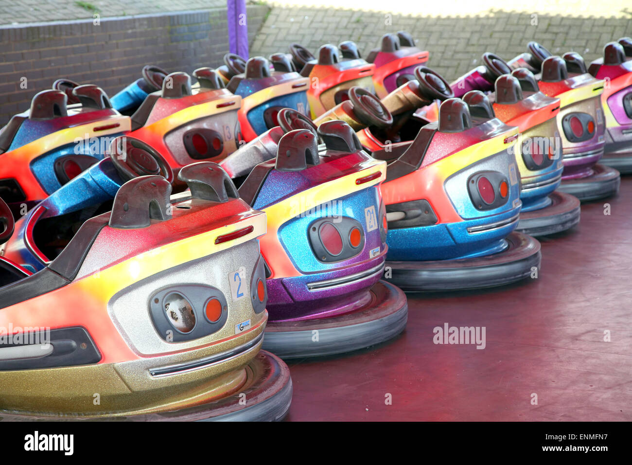 BRIDLINGTON, NORTH YORKSHIRE, UK. APRIL 22, 2015. Dodgem cars parked ...