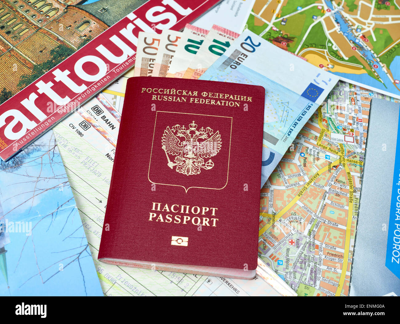 Russian passport and Euro banknotes on the map background Stock Photo ...