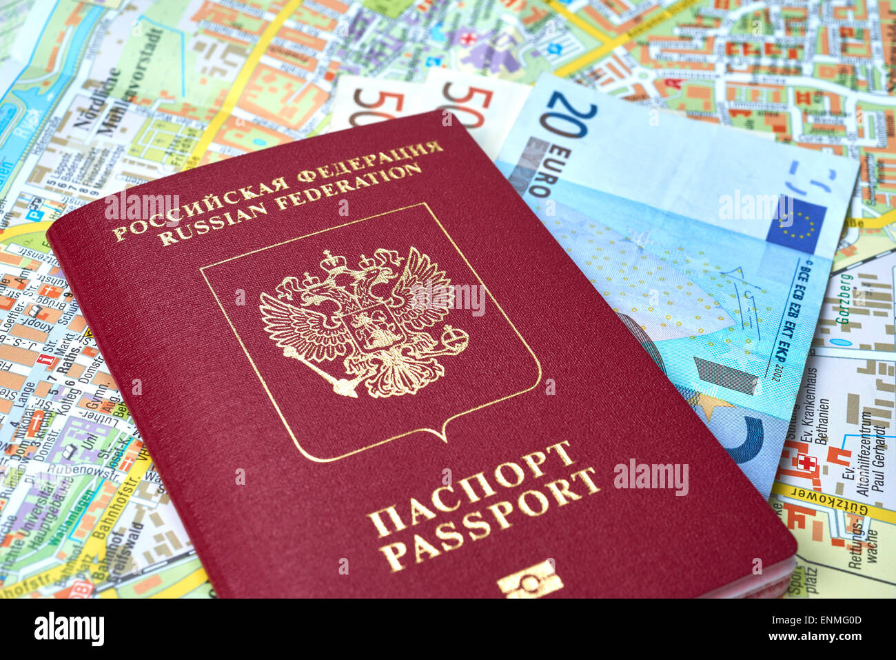 Russian passport and Euro banknotes on the map background Stock Photo ...