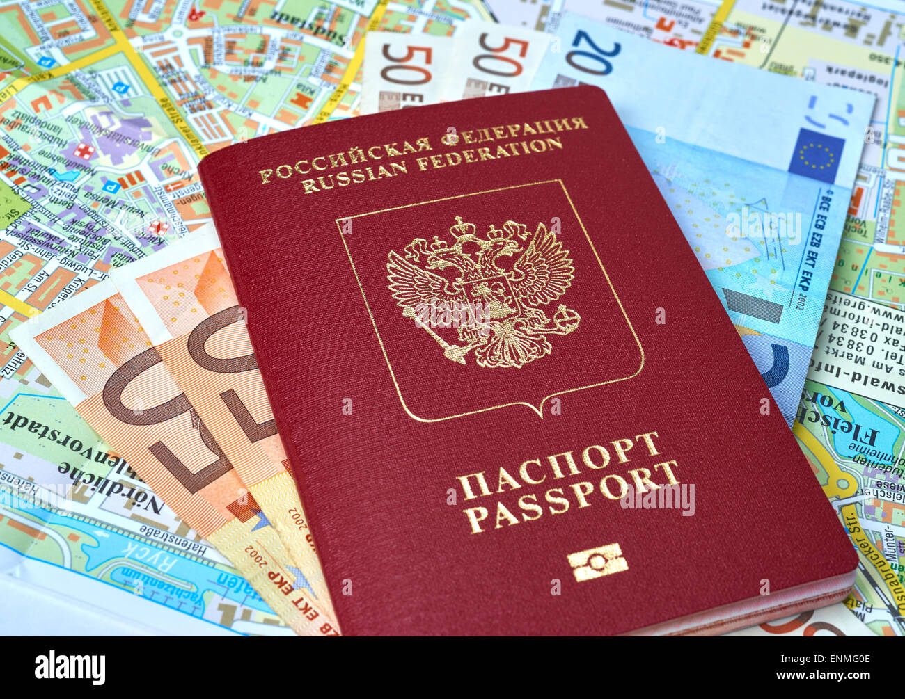 Russian passport and Euro banknotes on the map background Stock Photo ...