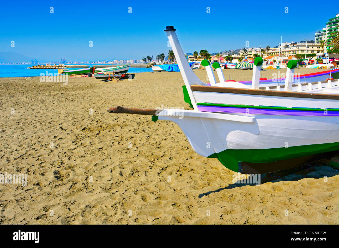 traditional fishing boats on Pedregalejo Beach in Malaga city, Spain ...