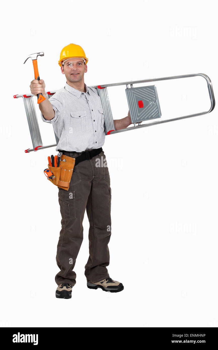 carpenter carrying ladder with hammer Stock Photo - Alamy