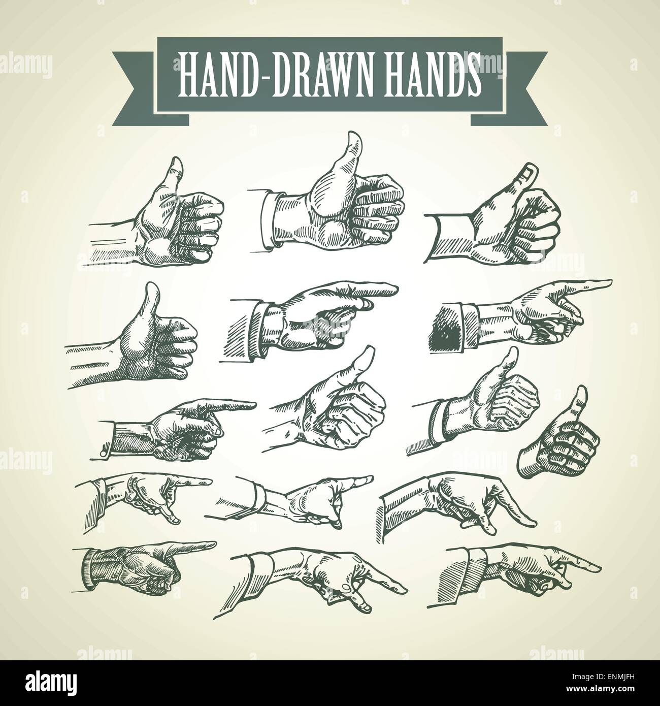Set of vintage hand-painted hands. Vector illustration EPS10 Stock ...