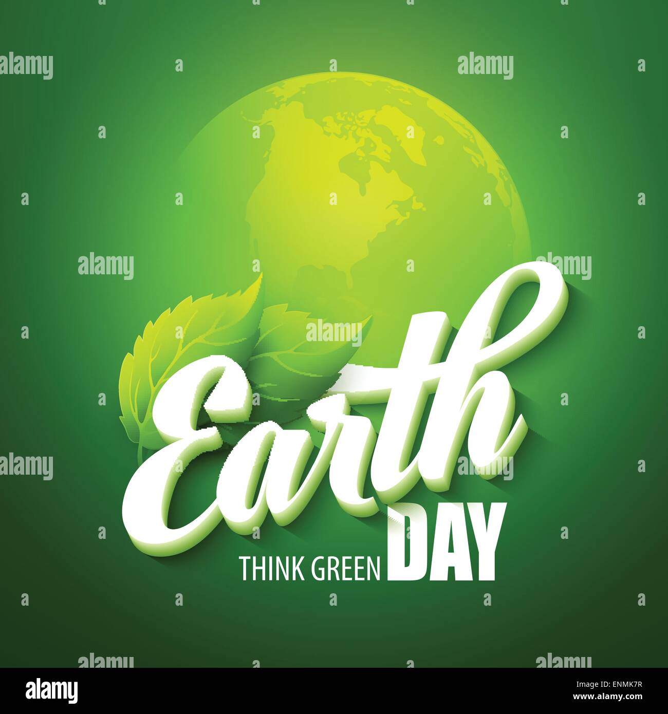 Earth Day. Vector illustration with the words, planets and green leaves ...