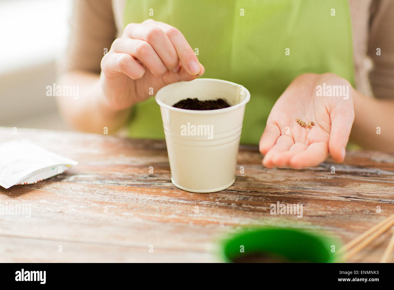 close up of woman sowing seeds to soil in pot Stock Photo - Alamy