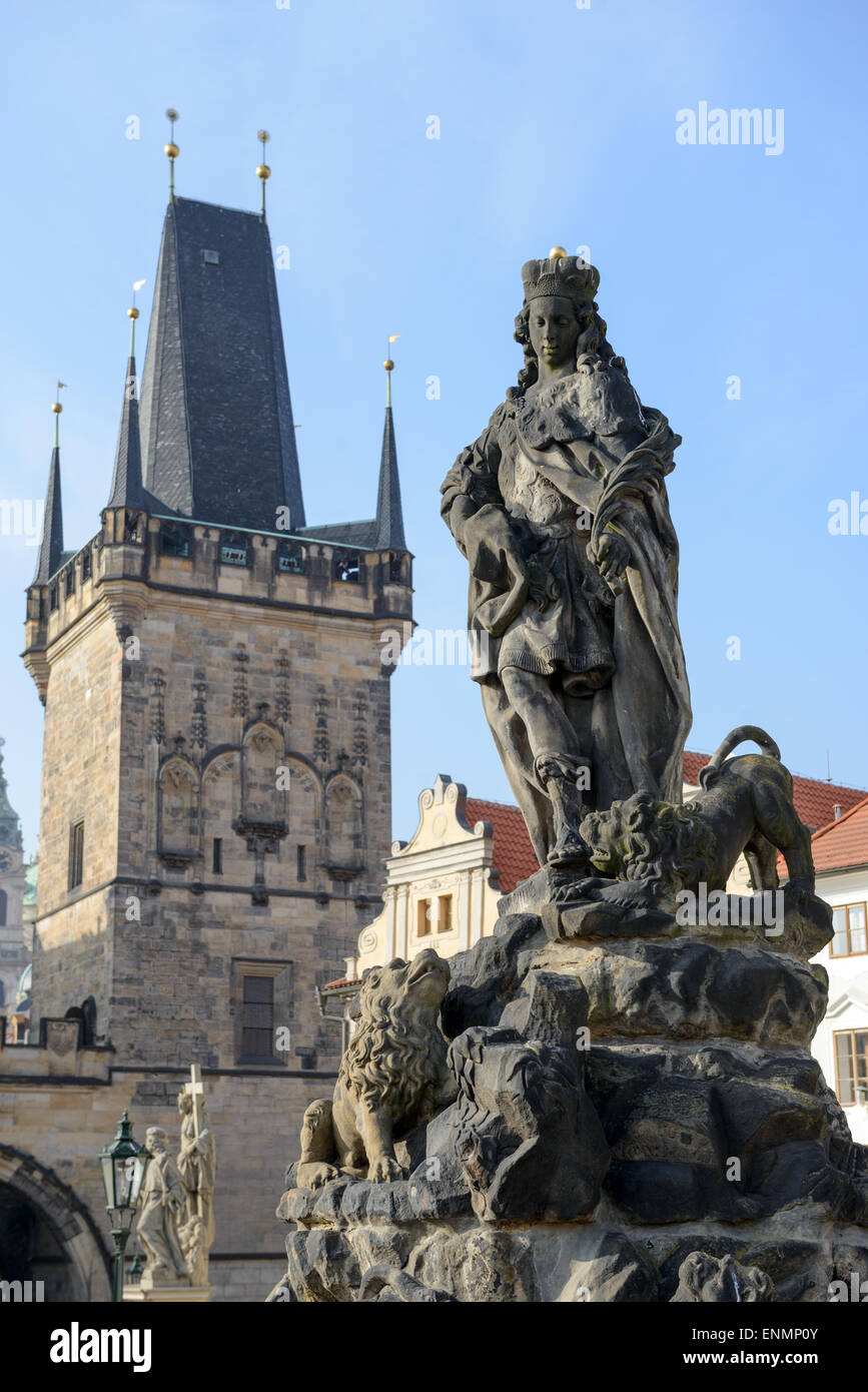 Statue of St. Vitus, one of famous sculptures of Charles Bridge with ...