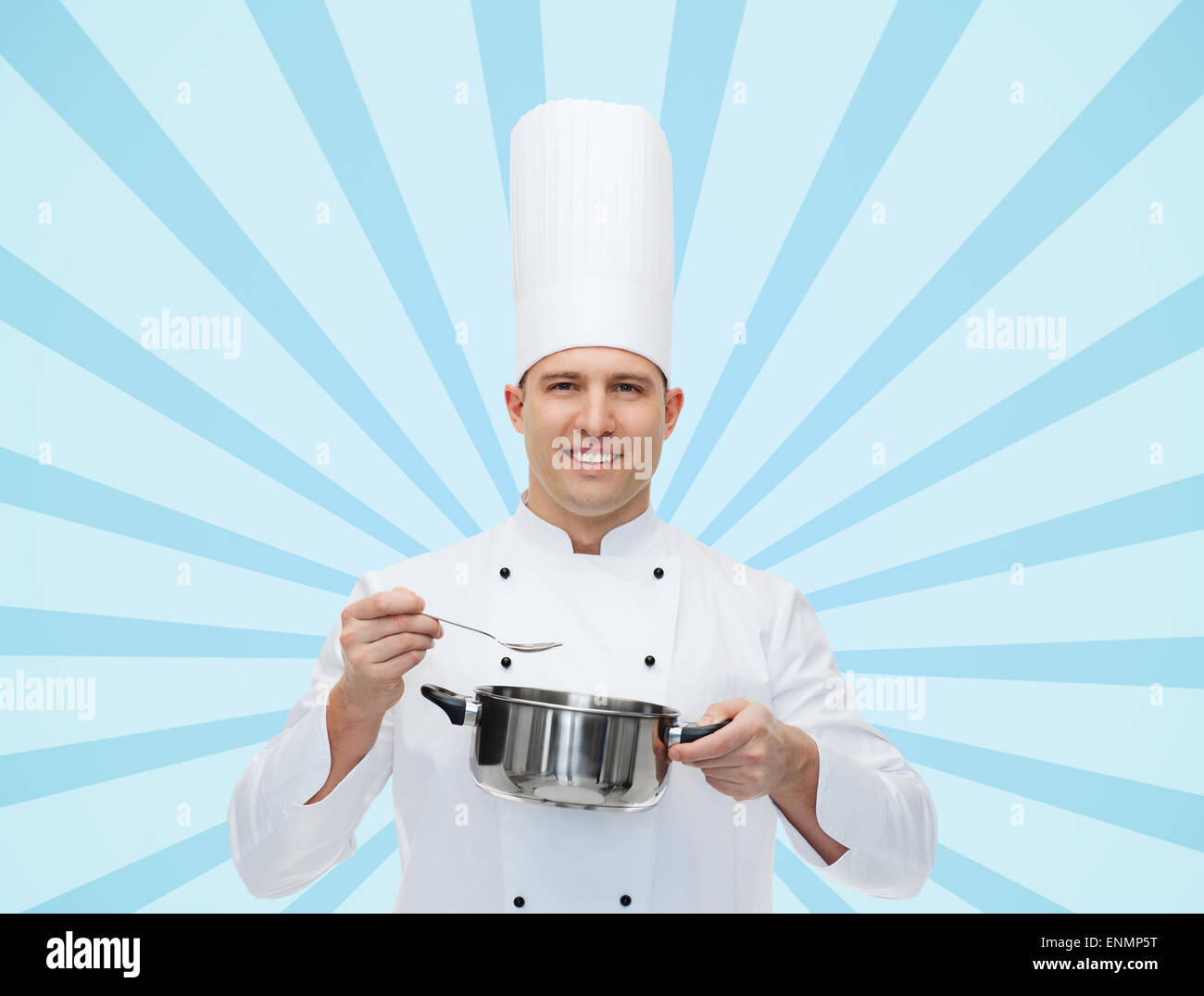 happy male chef cook with pot and spoon Stock Photo - Alamy