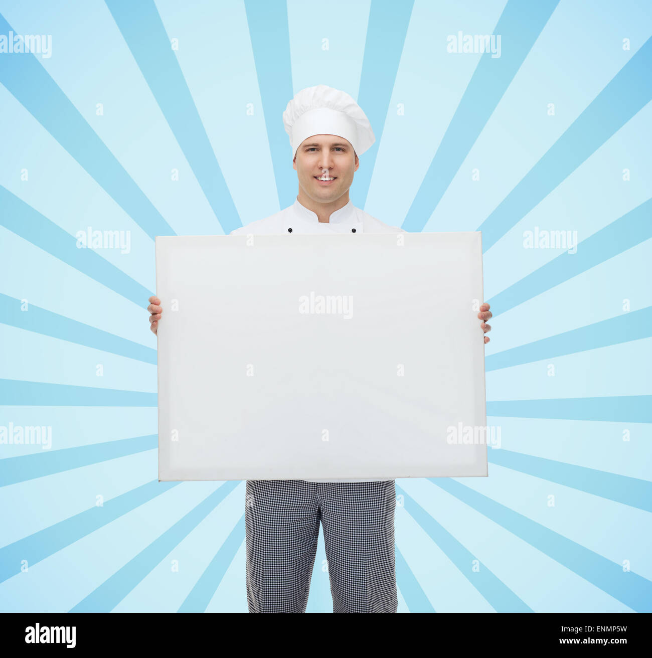 happy male chef cook holding white blank big board Stock Photo - Alamy