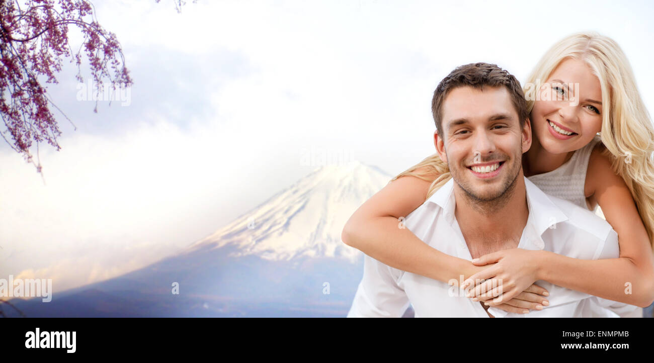 couple having fun over fuji mountain in japan Stock Photo - Alamy
