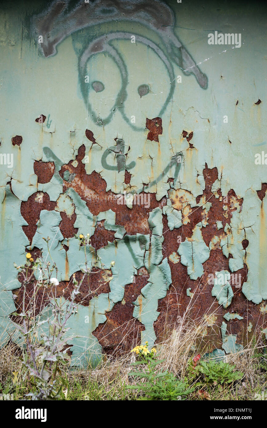 Rust and graffiti on an old bridge with weeds growing in front Stock ...