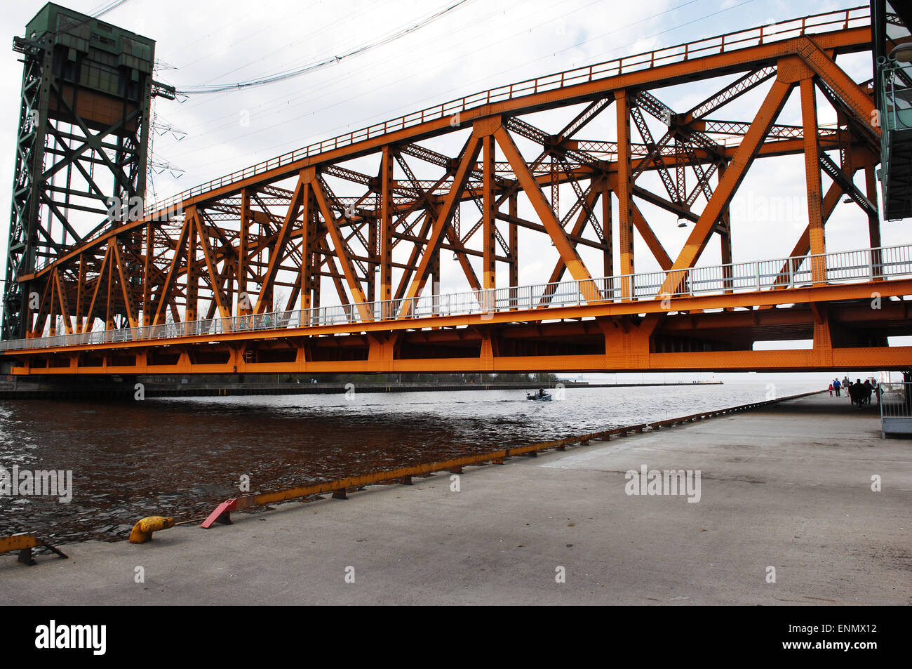 A closeup picture of the lift bridge over the canal from the lake ...