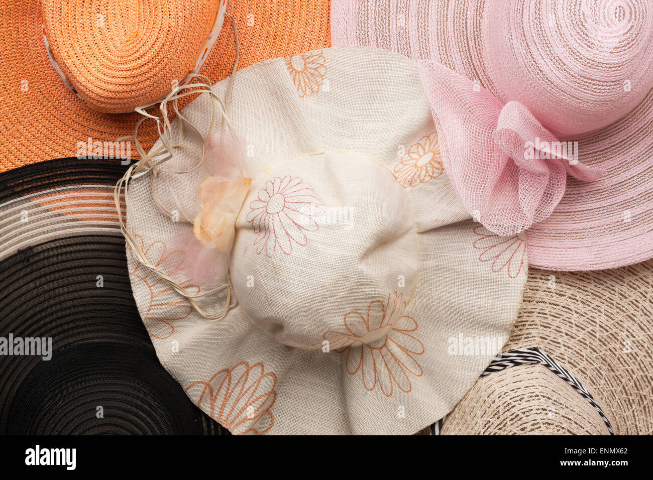 Five of beach hats, fashion, as background, texture Stock Photo - Alamy