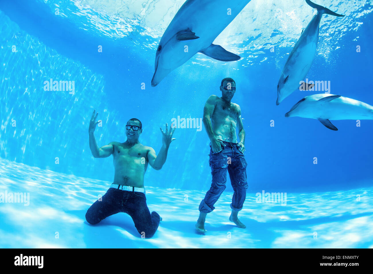 two men and three dolphin Stock Photo - Alamy