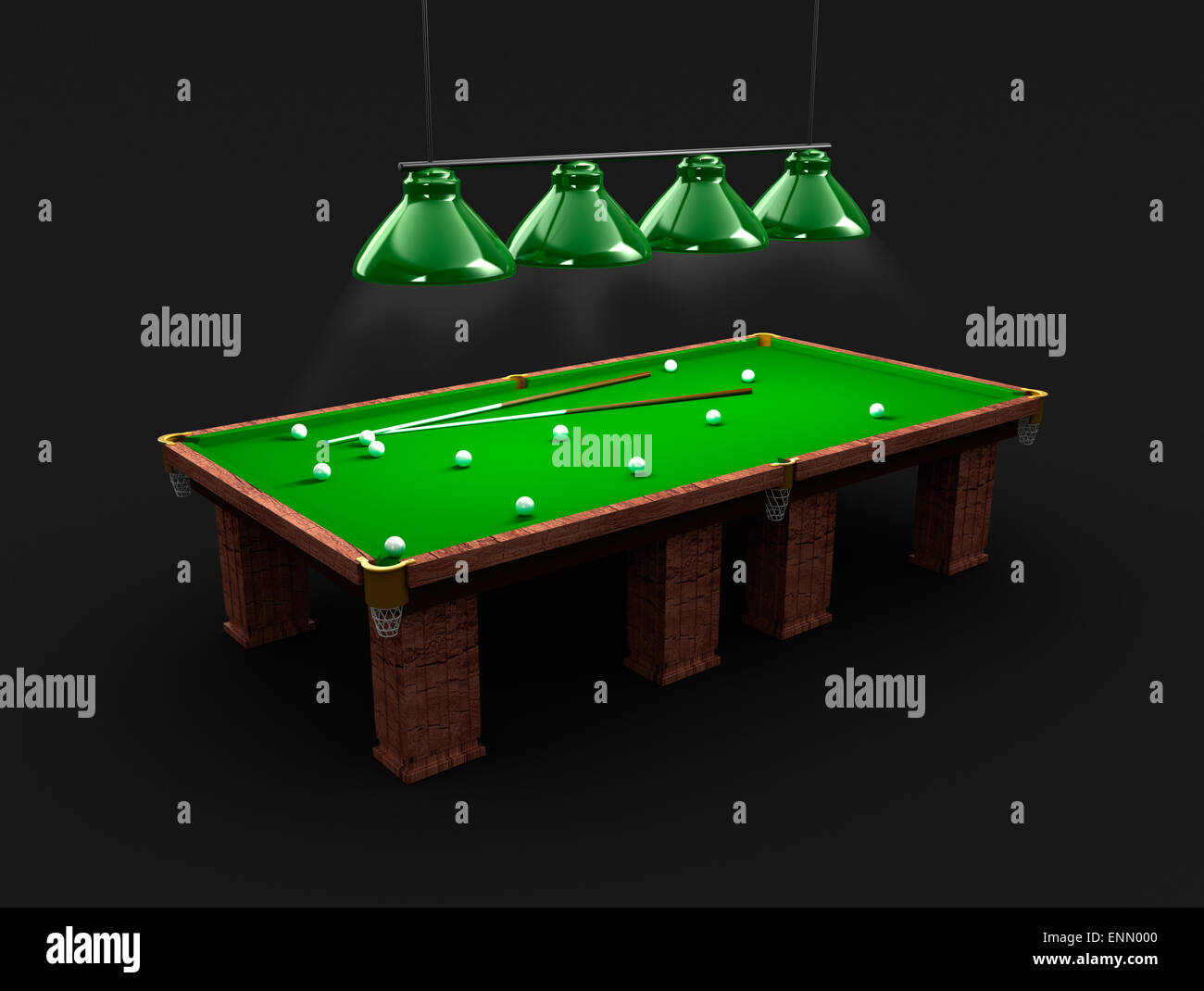 Pool table with light, billiard balls and cues Stock Photo - Alamy