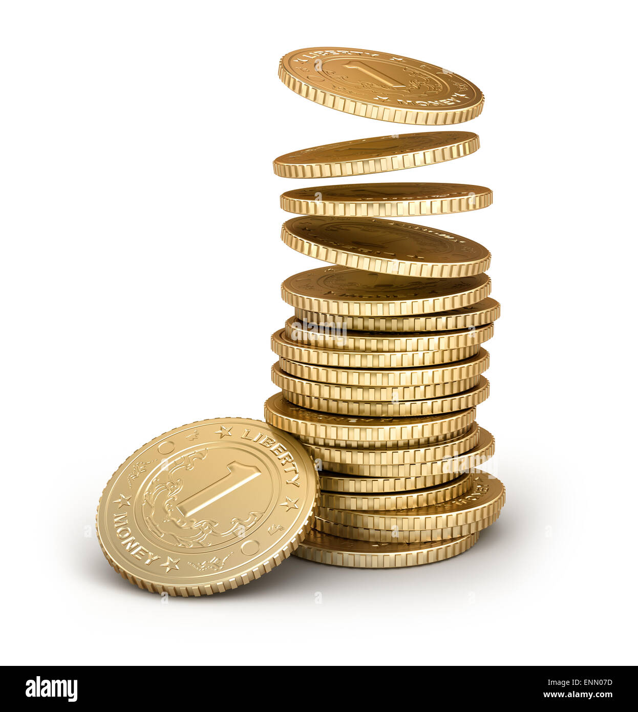Golden coins falling in pile isolated on white Stock Photo - Alamy