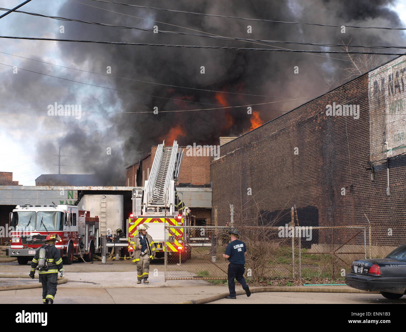 A warehouse fire in Cleveland, Ohio on May 2, 2015 Stock Photo - Alamy
