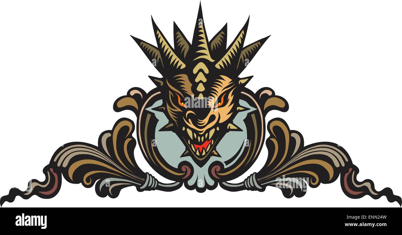 Graphic vector illustration of the dragons head in ornate shield Stock ...