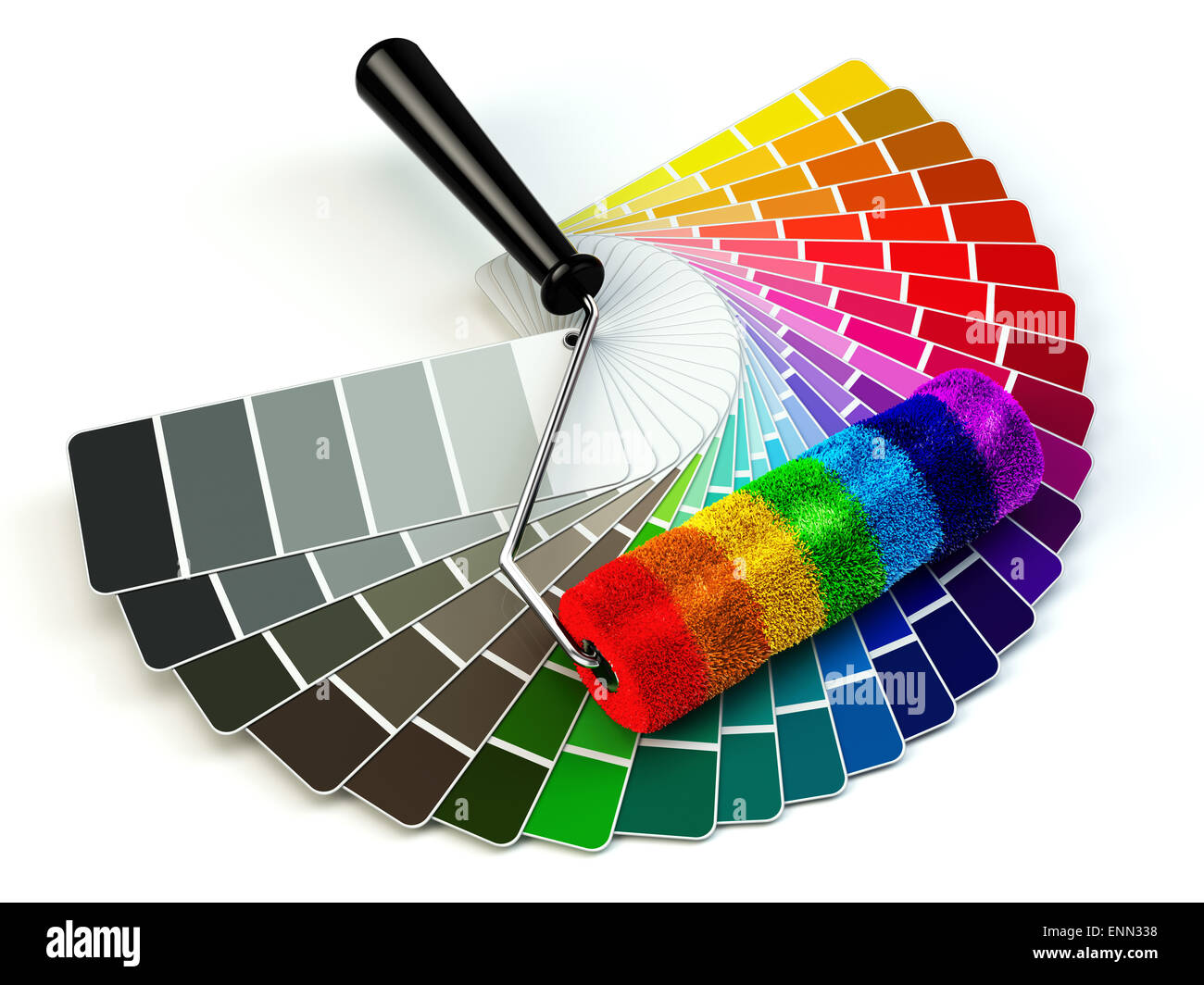Roller brush and color guide palette in rainbow colors. 3d Stock Photo ...