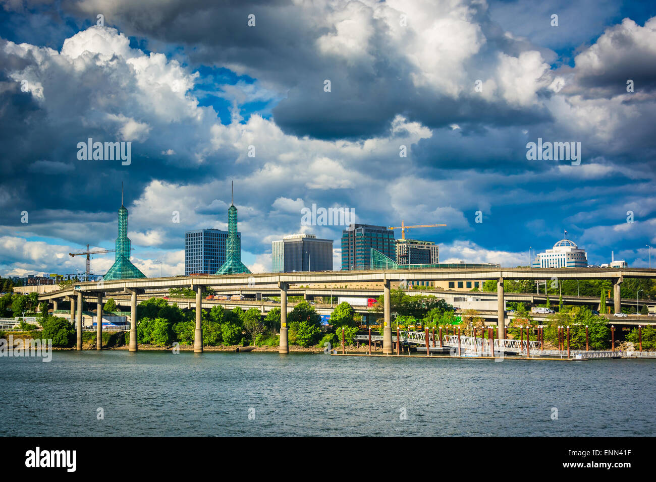 View of dramatic clouds over the Williamette River, in Portland, Oregon ...