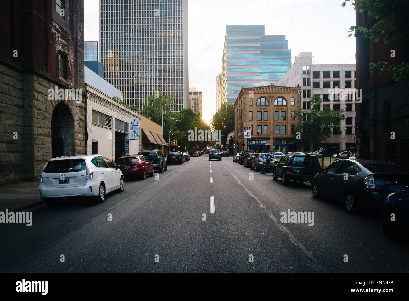 A street at sunset, in downtown Portland, Oregon Stock Photo - Alamy
