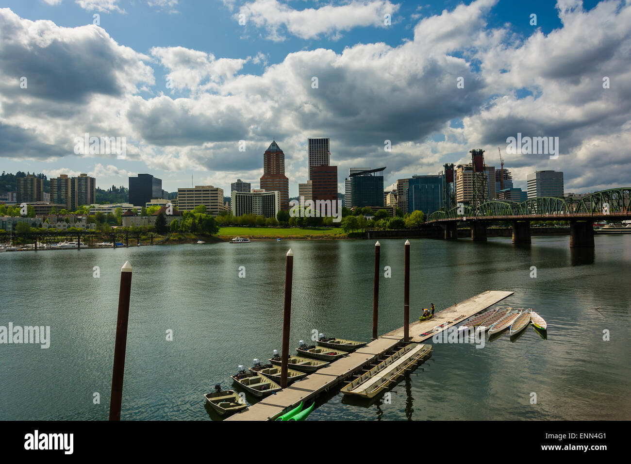 Dock in the Williamette River and the Portland skyline, seen from the ...
