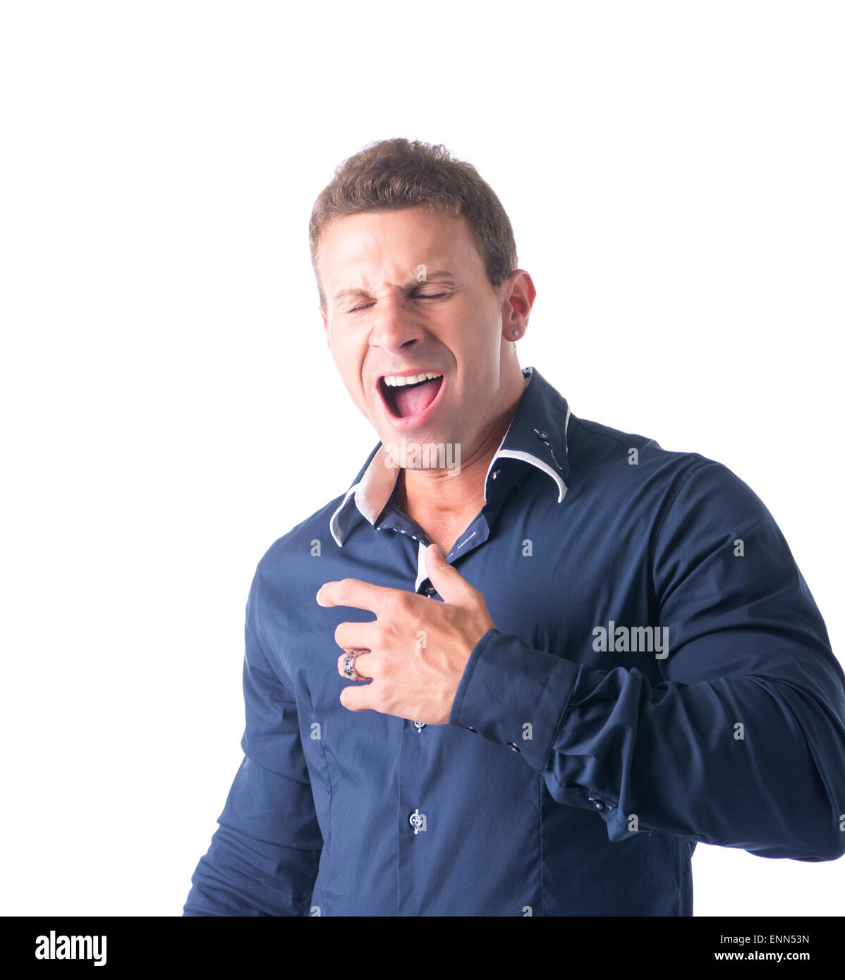 Handsome young man sneezing, isolated on white background Stock Photo ...