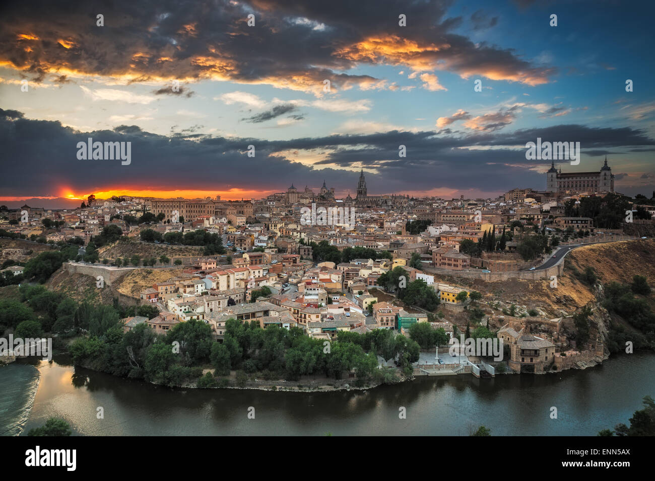 Panoramic view of Toledo at dusk, Castile-La Mancha, Spain Stock Photo ...