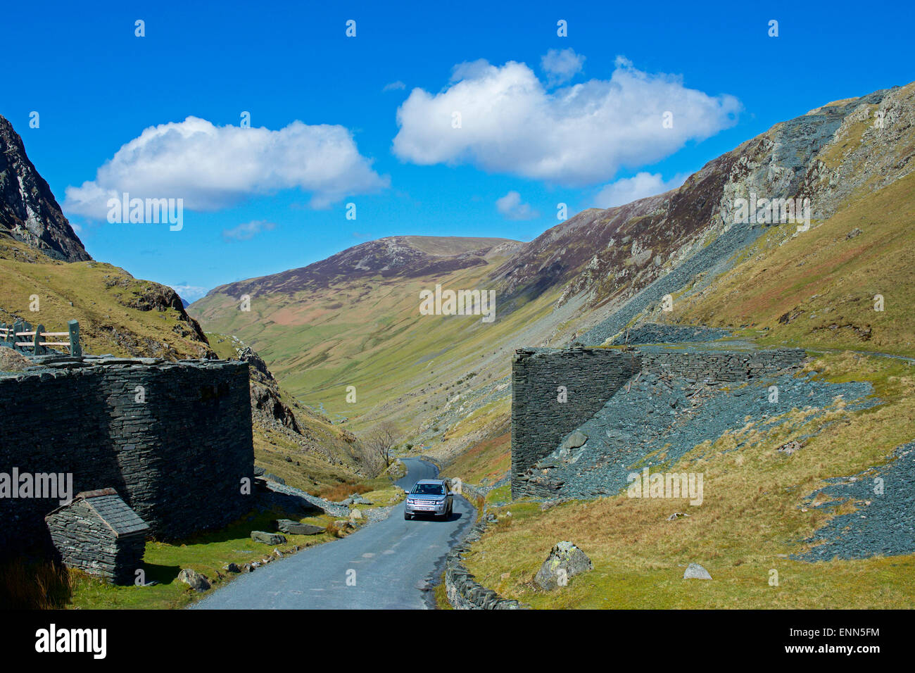 Car on Honister Pass (B5289), Lake District National Park, Cumbria ...