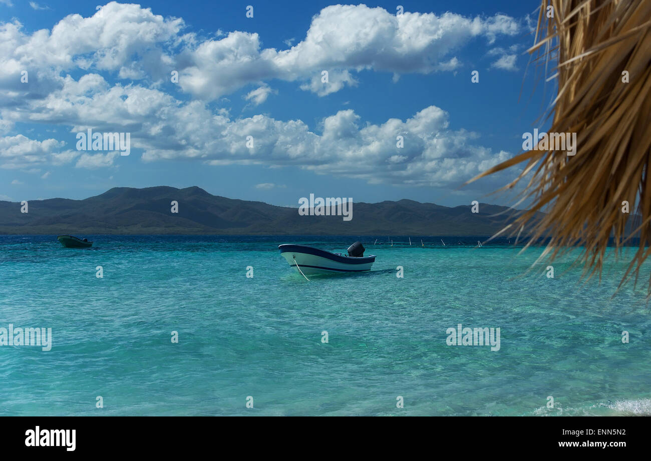Small motor boat by the beautiful tropical island Stock Photo - Alamy