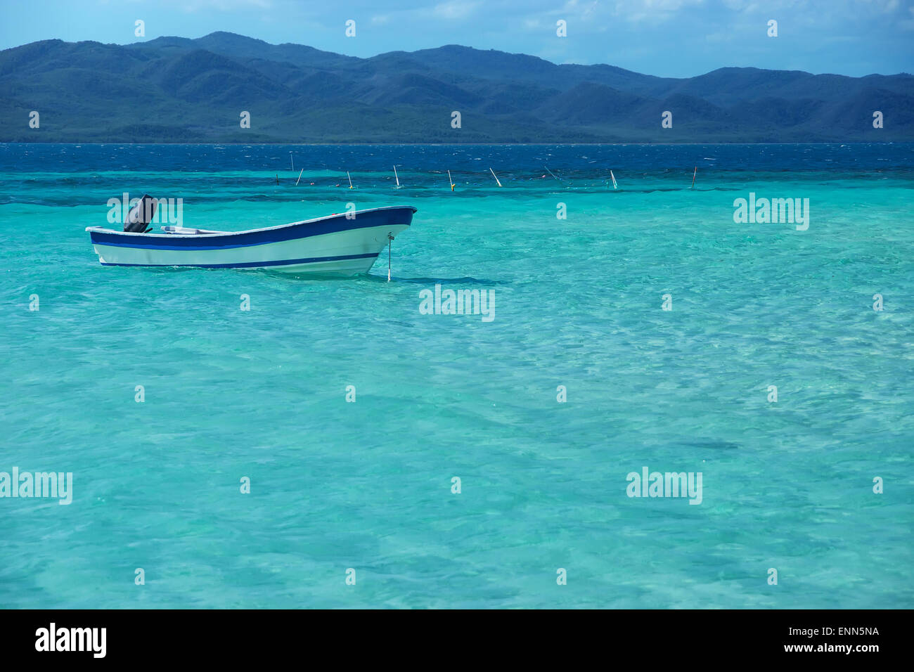 Small motor boat by the beautiful tropical island Stock Photo - Alamy