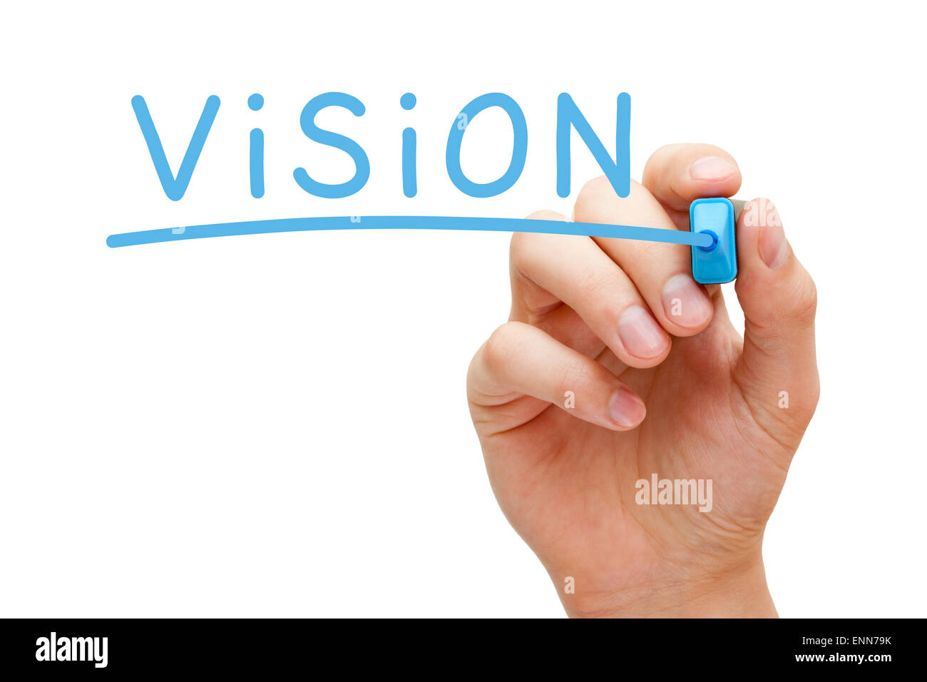 Hand writing Vision with blue marker on transparent wipe board isolated ...