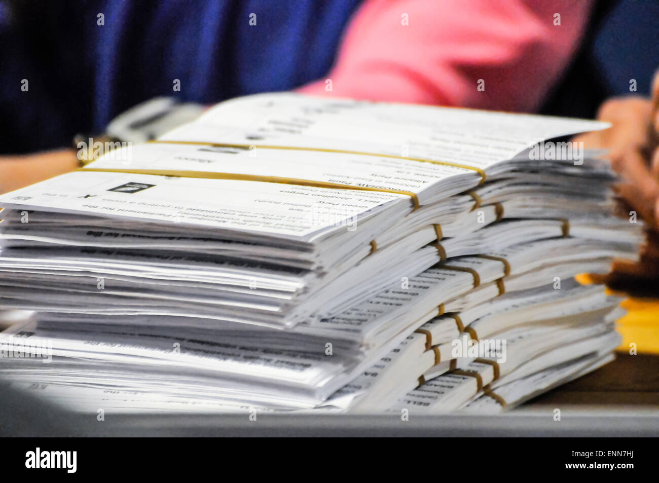 Voting slips are bundled up after being counted during a UK general ...