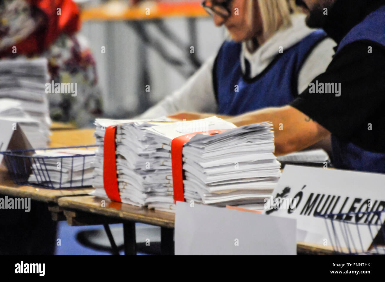 Voting slips are bundled up after being counted during a UK general ...