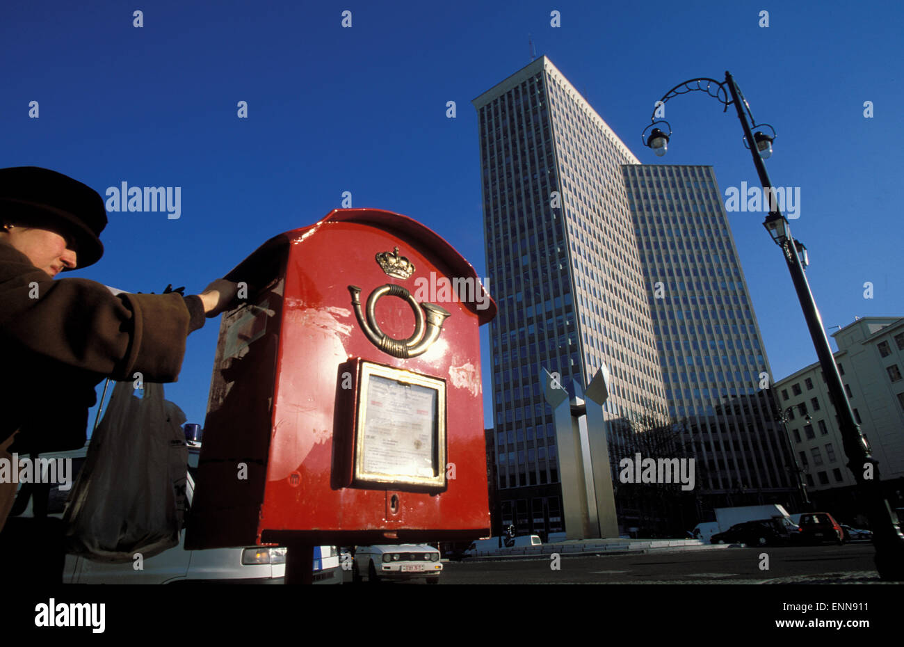 BEL, Belgium, Brussels, postbox and high-rise building at the Port de ...
