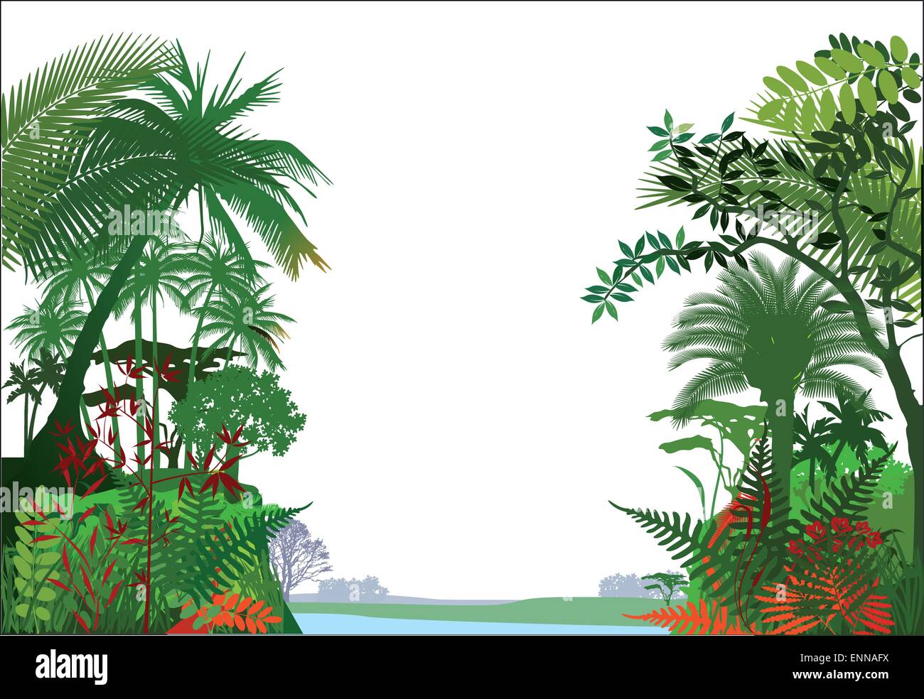 Vector Illustration Of Horizontal Panorama Tropical Rainforest In