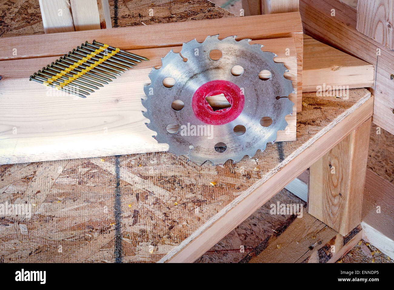Construction tools on a building site Stock Photo - Alamy