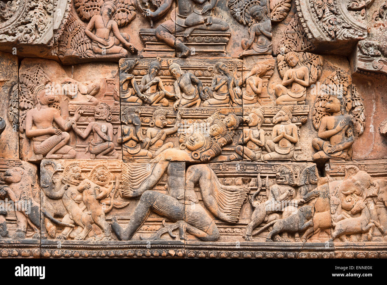 bas relief carvings at the Banteay Srei temple at Angkor Wat in Siem ...