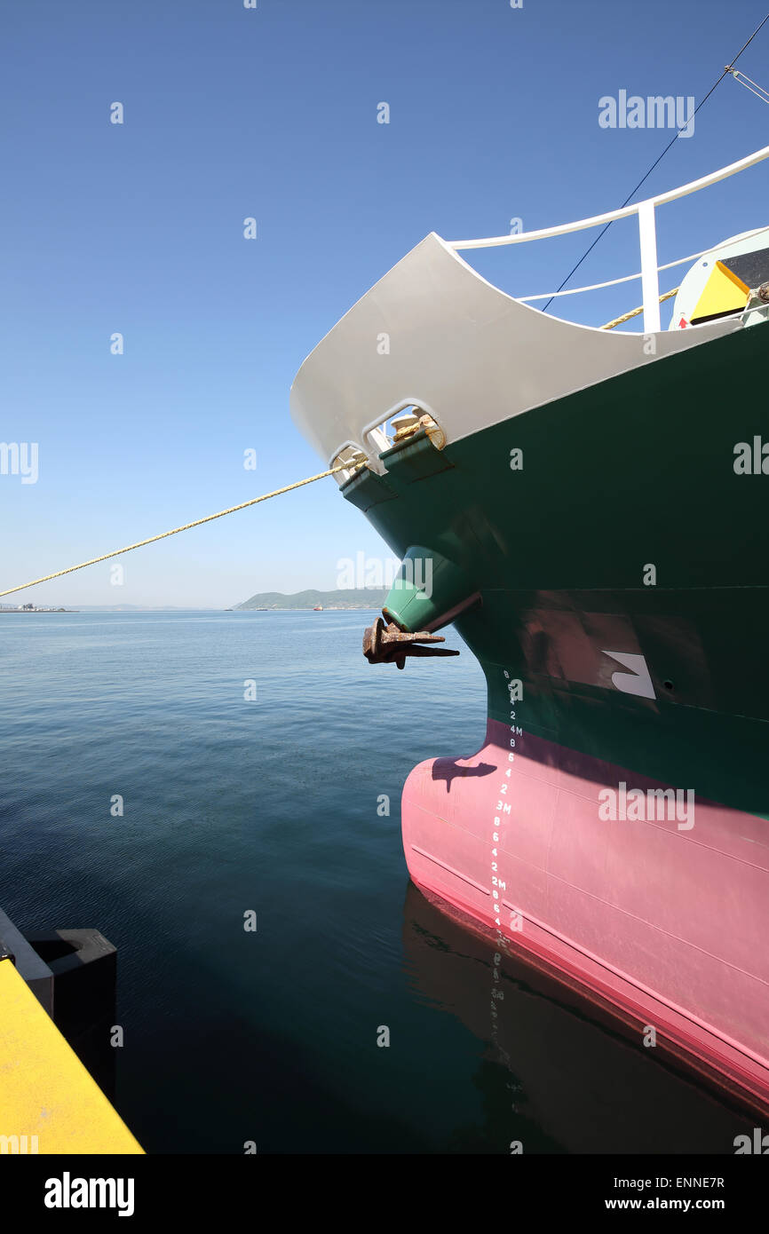 front view of cargo ship docked in the port Stock Photo - Alamy