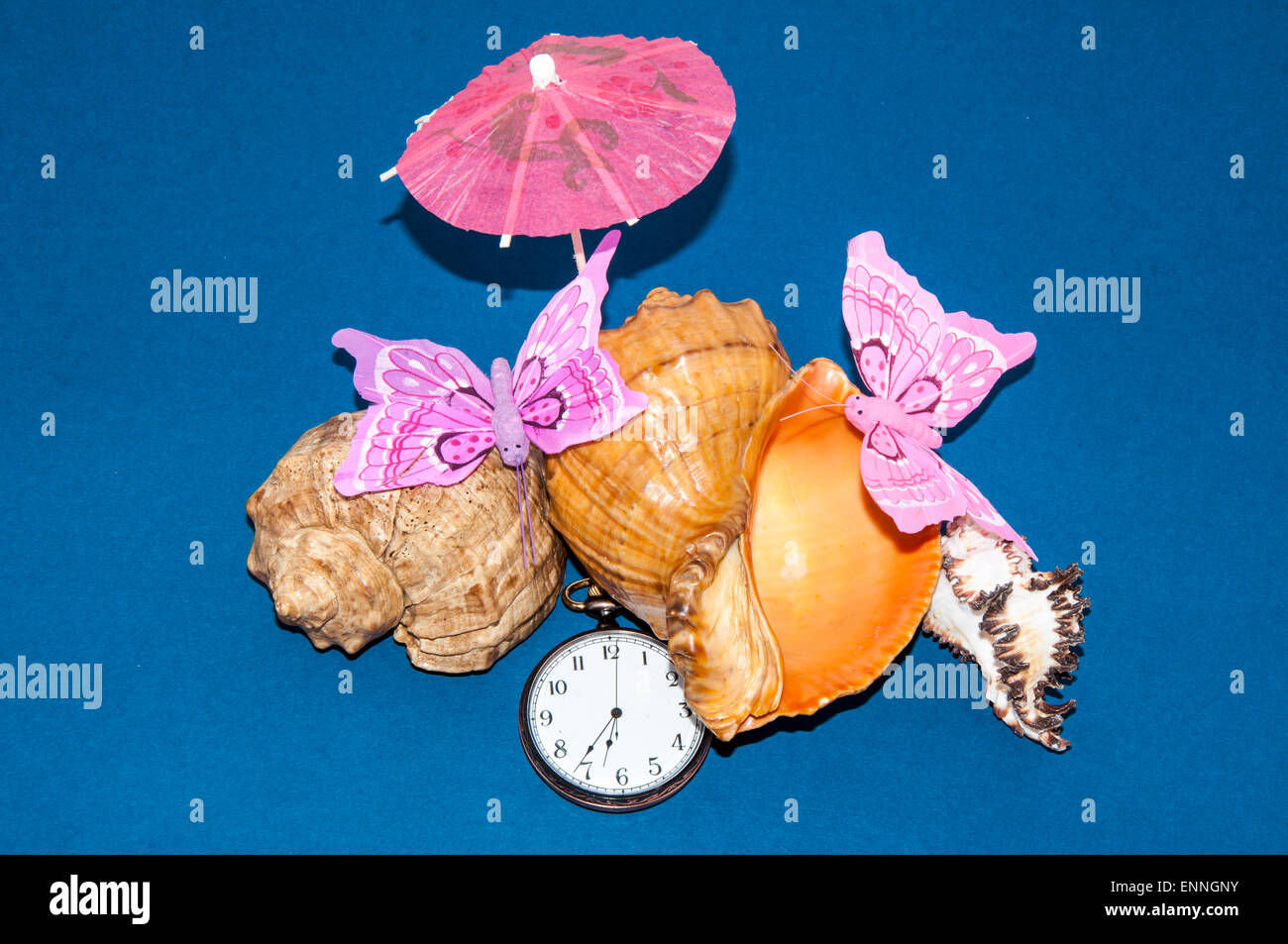 Seashell and hours of time to assemble in summer vacation Stock Photo ...