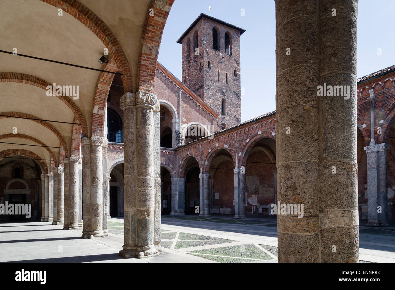 The ancient basilica church of Sant'Ambrogio in Milan, Italy, viewed ...