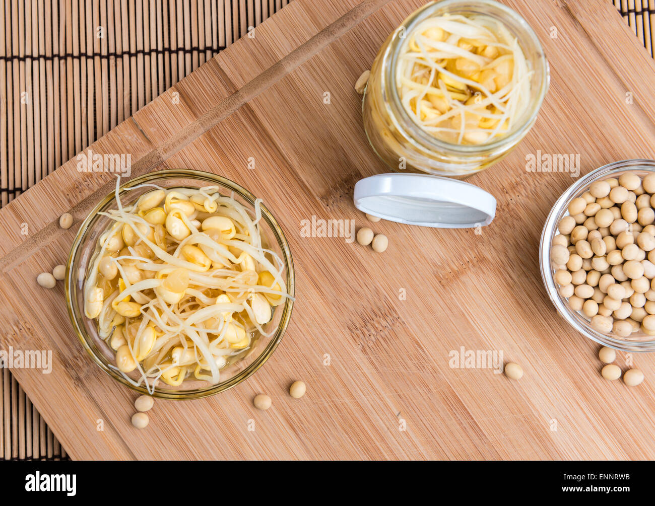 Preserved Soy Sprouts (close-up shot) on wooden background Stock Photo ...