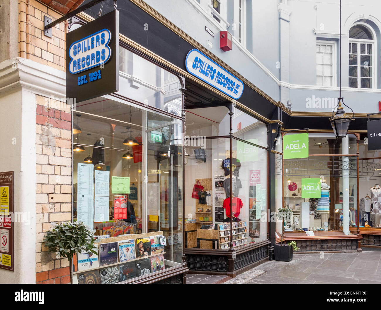 Oblique view of the front of Spillers Records Shop, Cardiff, Wales, the ...