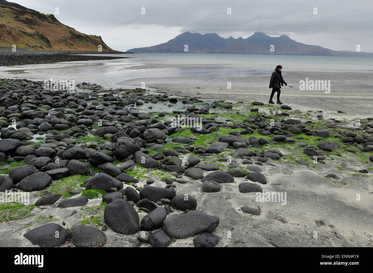 Laig Bay on the isle of Eigg with a view to the isle of Rum, Western ...